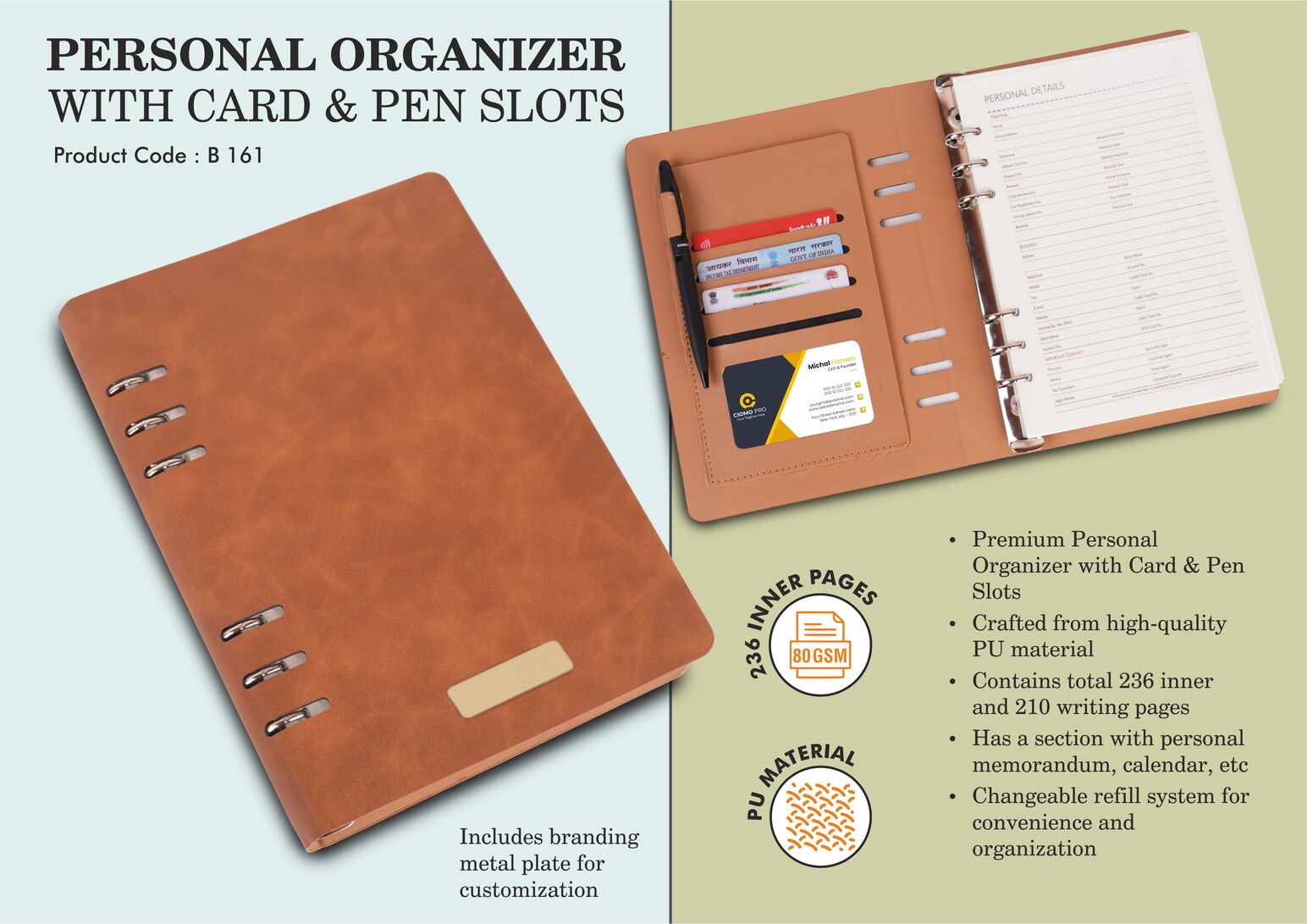 B161 - Personal organizer with Card & Pen slots | Metal plate included ...
