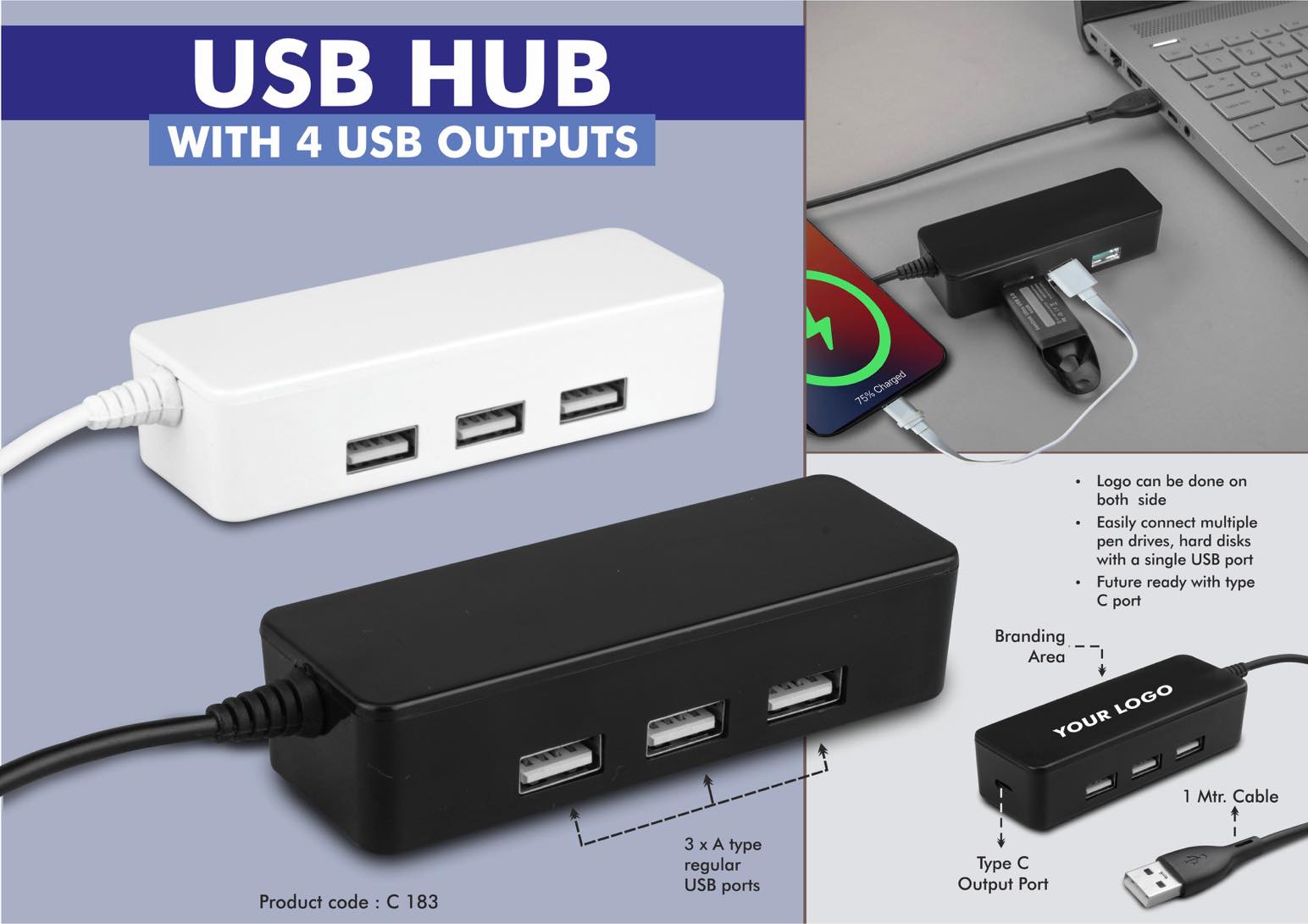 C183 - USB hub with 4 USB outputs | Type C output port | 1 mtr cable ...