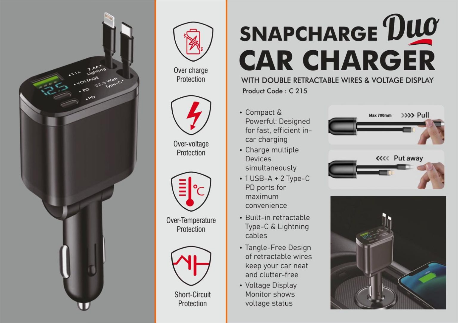 C215 - SnapCharge Duo: Car Charger with Double retractable wires ...